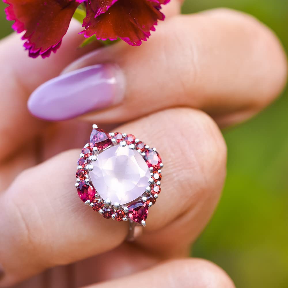 YoTreasure 5.65 ct. t.w Rose Quartz & Rhodolite .925 Sterling Silver Cluster Ring