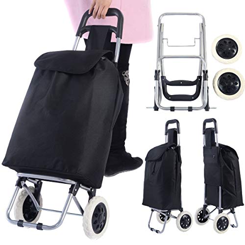 SPSUPE Foldable Shopping Carts Trolley, Grocery Cart Dolly with Wheels, Removable Push Bag, Pull Utility for Groceries, Ideal for Apartment Picnic Beach Travel, Black