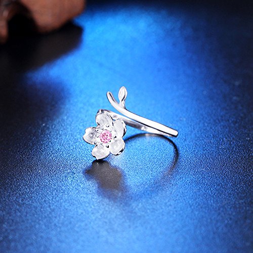 XCFS S925 Sterling Silver CZ Cherry Blossom Flower Purple Amethyst Women Open Band Ring,Adjustable