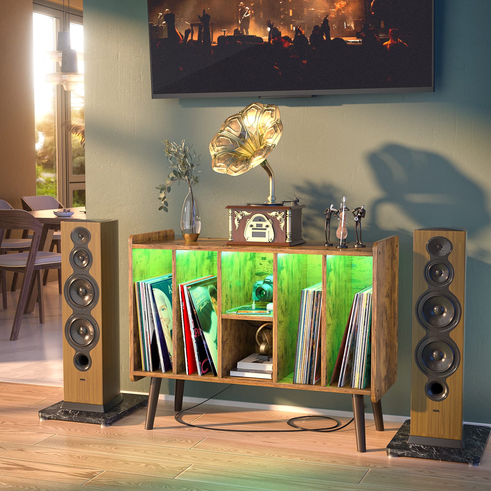 Unikito Large Record Player Stand with Vinyl Storage and LED Light, Vinyl Record Storage Cabinet with Power Outlet, Record Player Table, Turntable Stand with Wood Legs for Living Room, Bedroom, Office