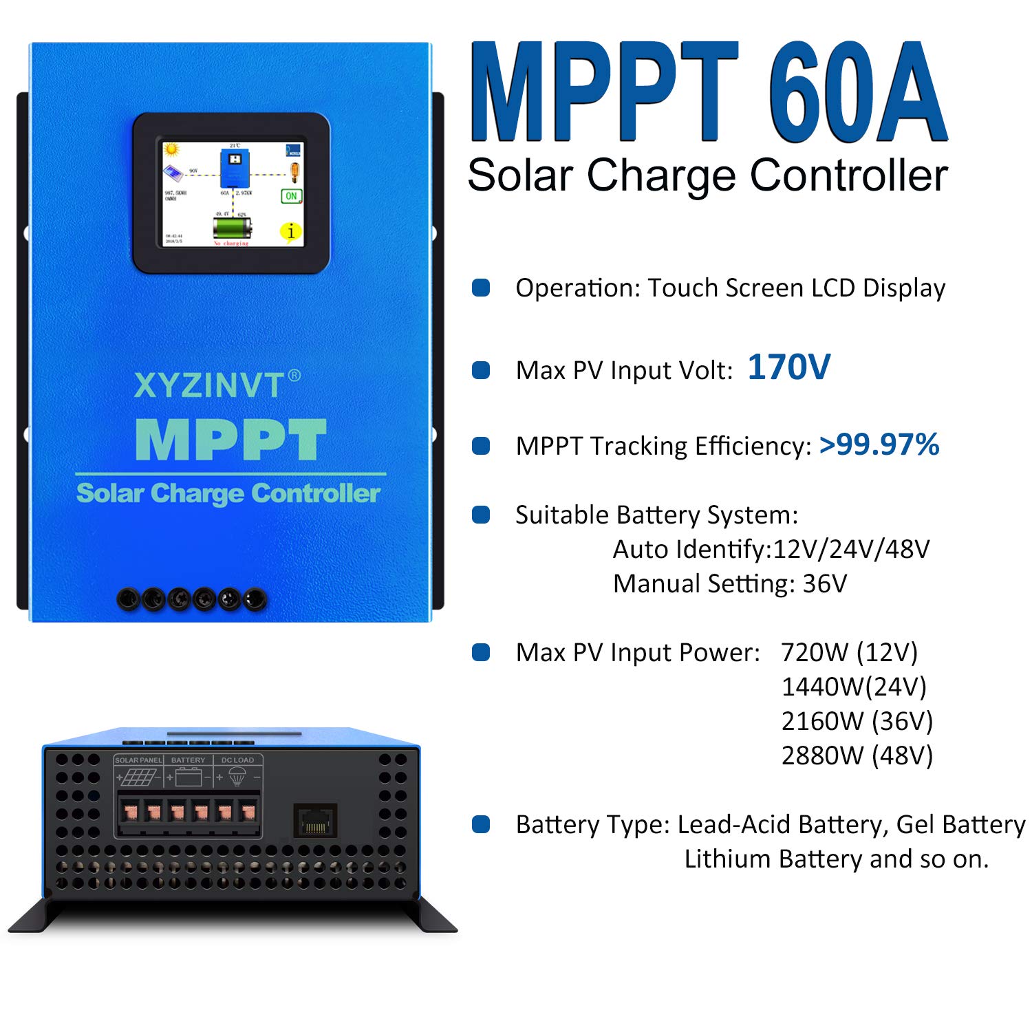 XYZ INVT MPPT Solar Charge Controller 60A Max 170V Input Volt PV Solar Panel Controller Touch Screen LCD Display 12V/24V/48V Auto Identify 36V Manual Setting (MPPT-60A)