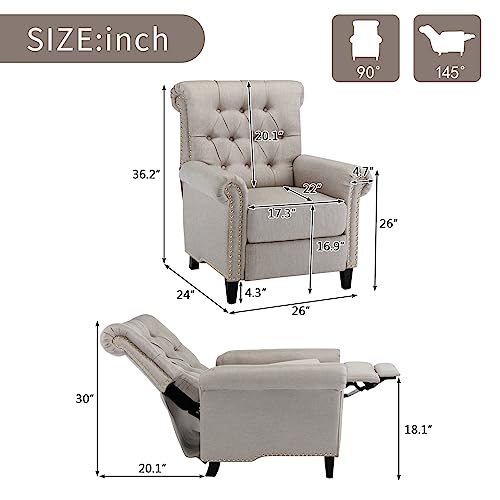 Pushback Recliner Chair, Modern Button Tufted Wingback Single Sofa Chair with Nailheads & Roll Arm & Solid Wood Legs, Comfy Linen Upholstered Manual Reclining Sofa for Home Theatre Living Room, Tan