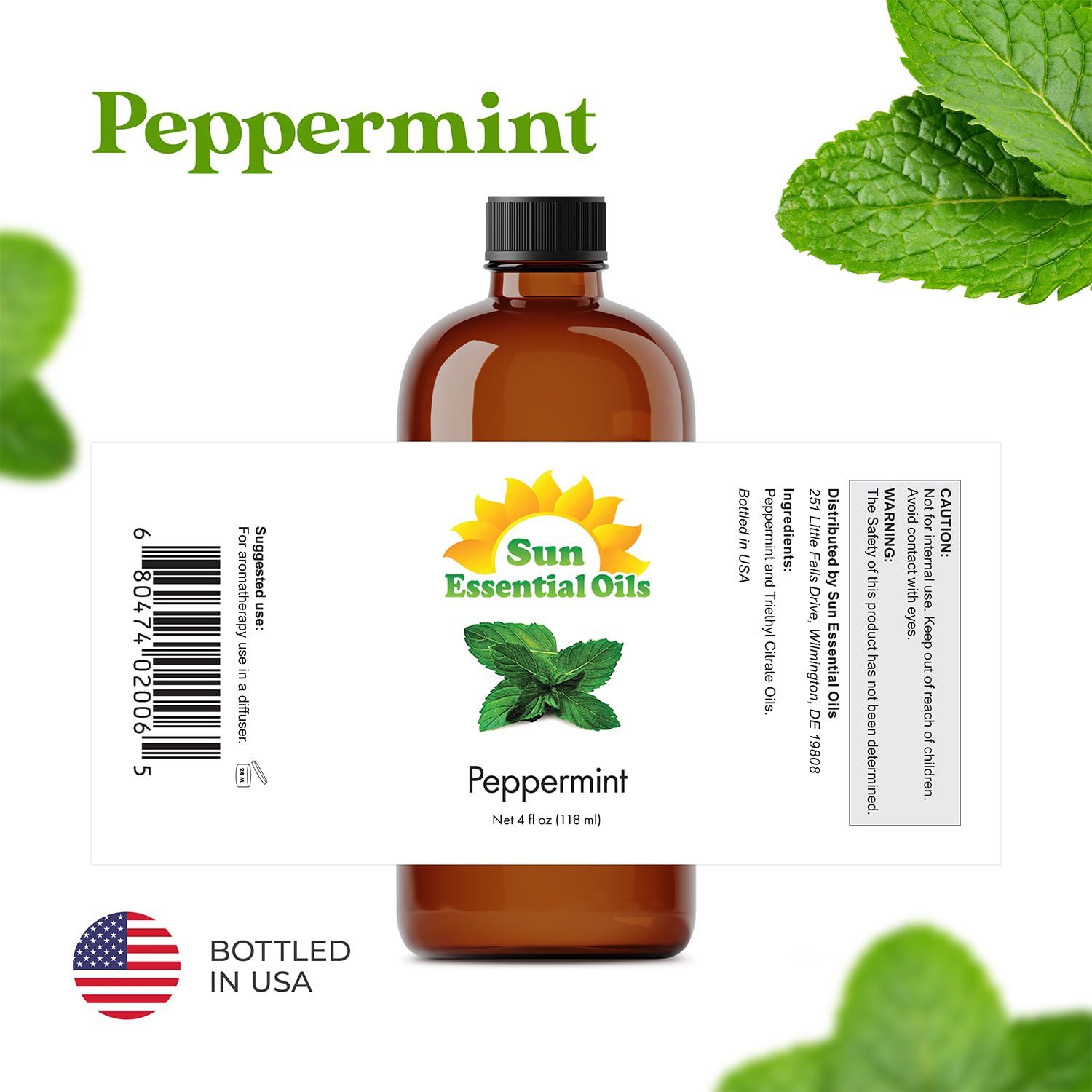 Sun Essential Oils - Peppermint 4oz Bottle for Diffuser, Humidifier, Aromatherapy, Personal & Home Care - Therapeutic Grade Peppermint Essential Oil - Peppermint Fragrance Oil for Candle Making