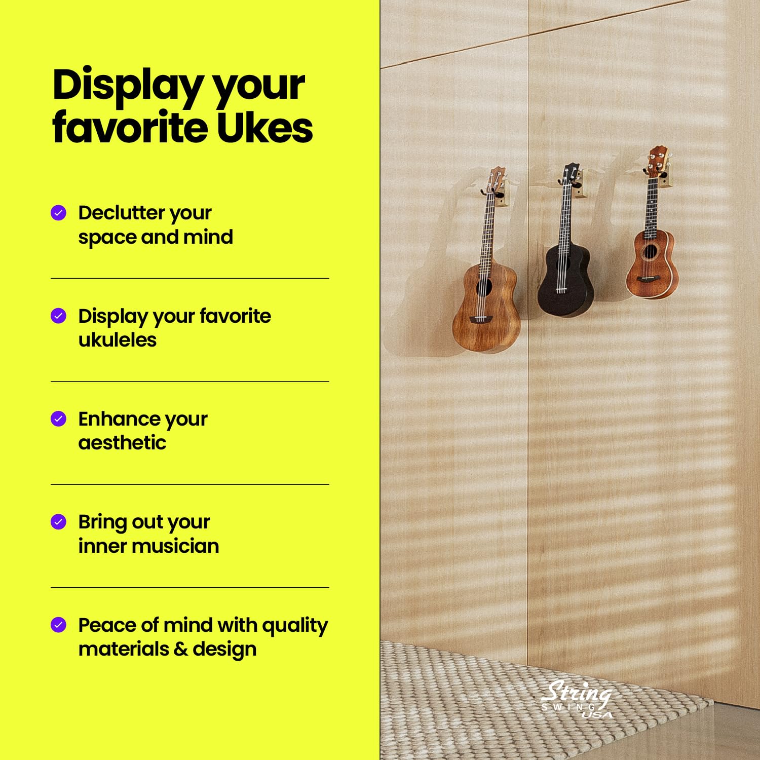 String Swing Wall Mount Ukulele Hanger Hardwood Ukele or Mandolin Wall Mount Pineapple Tenor Concert Compatible for Home & Studio CC01UK-A - Ash