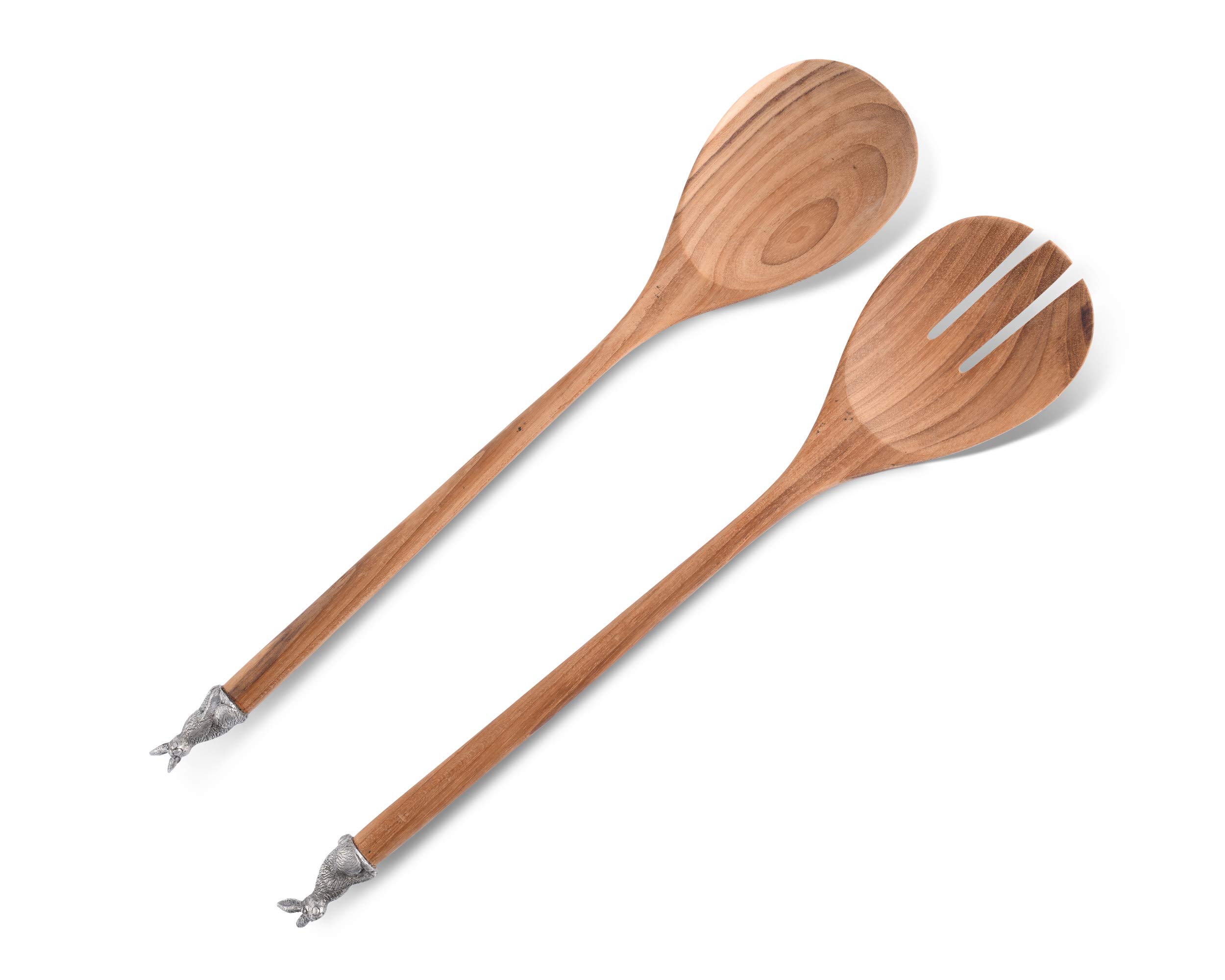 Vagabond House Teak Salad Servings with Pewter Bunny 14 Inch Long