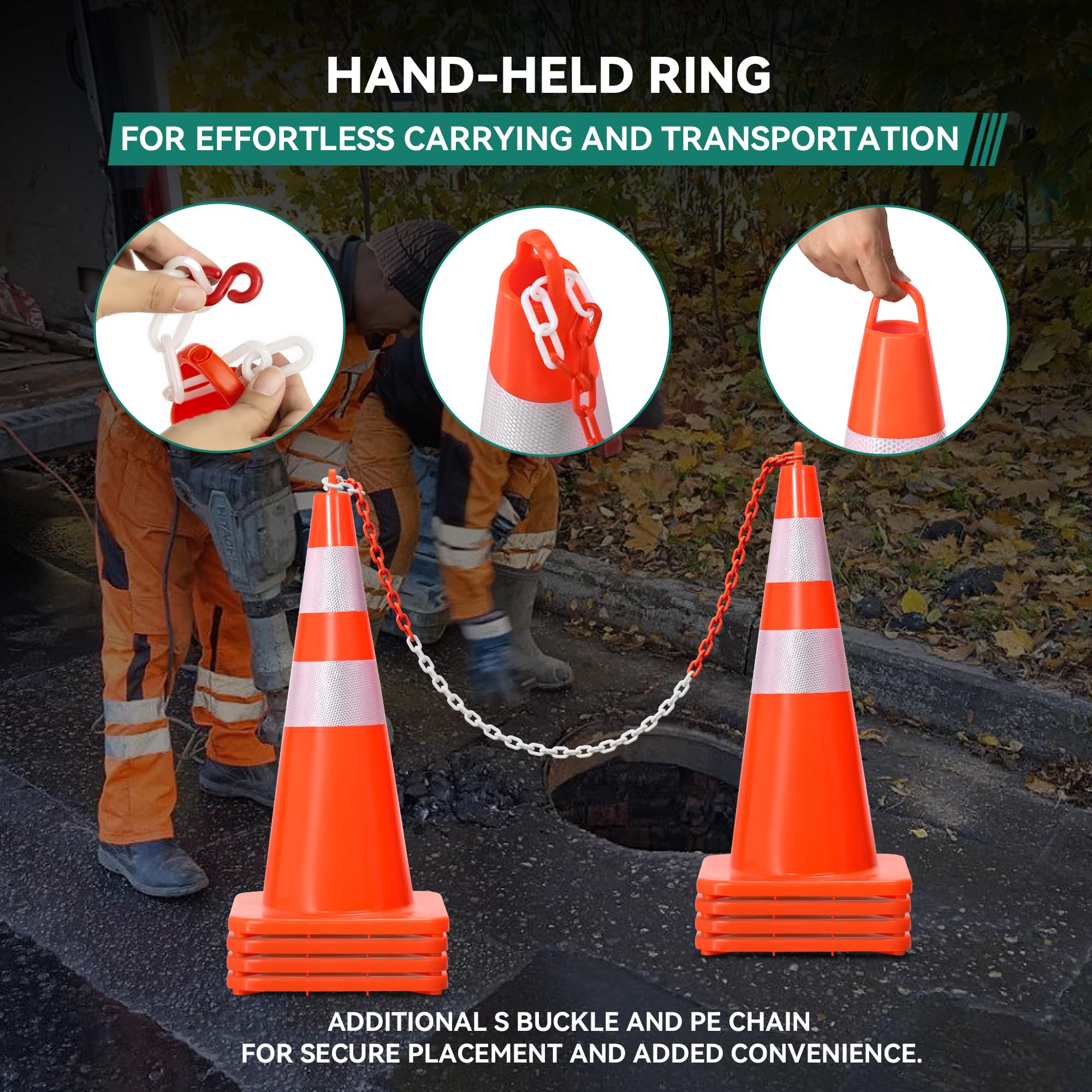 YITAHOME Traffic Cones 28 Inch (10 Pack), with 29.5FT Chain and Reflective Collars, PVC Orange Construction Cones, Safety Cones for Parking Lot, Home Road
