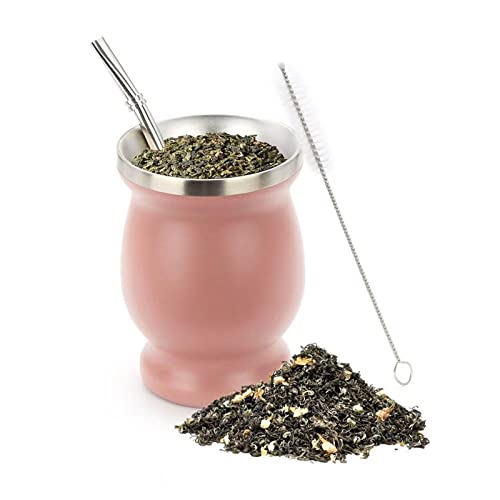 Yerba Mate Cup Bombilla Set | 8oz Gourd Yerba Mate | Stainless Steel Bombilla Silver Curved Bombilla Straw And Cleaning Brush Easy L Double-Wall | Easy To Clean Yerba Mate Gourd ( Color : Pink )