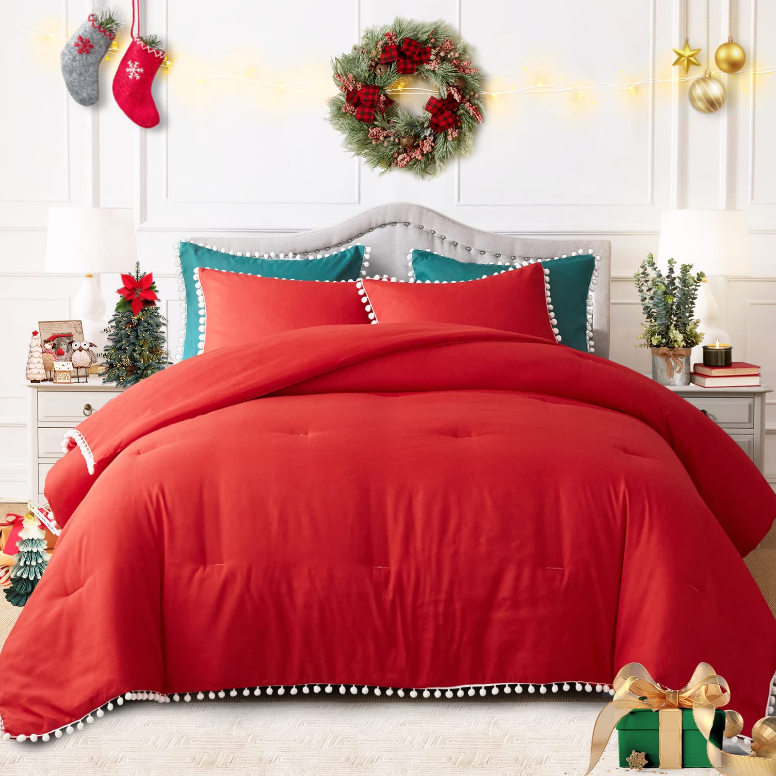 UOZZI BEDDING Christmas Comforter Set King Size 3 Pieces Pom Pom Fringe Red Boho Bohemian Farmhouse Microfiber Soft and Lightweight Holiday Bedding Comforter Set with White Pompom for New Year