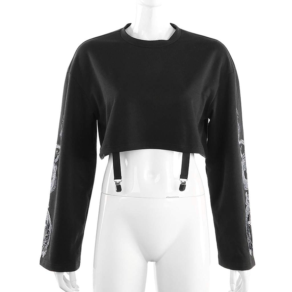 Women's Crop Sweatshirt Punk Goth Dragon Print Buckle Suspender Cropped Top Blouse Pullover Casual Outerwear (Black, L)