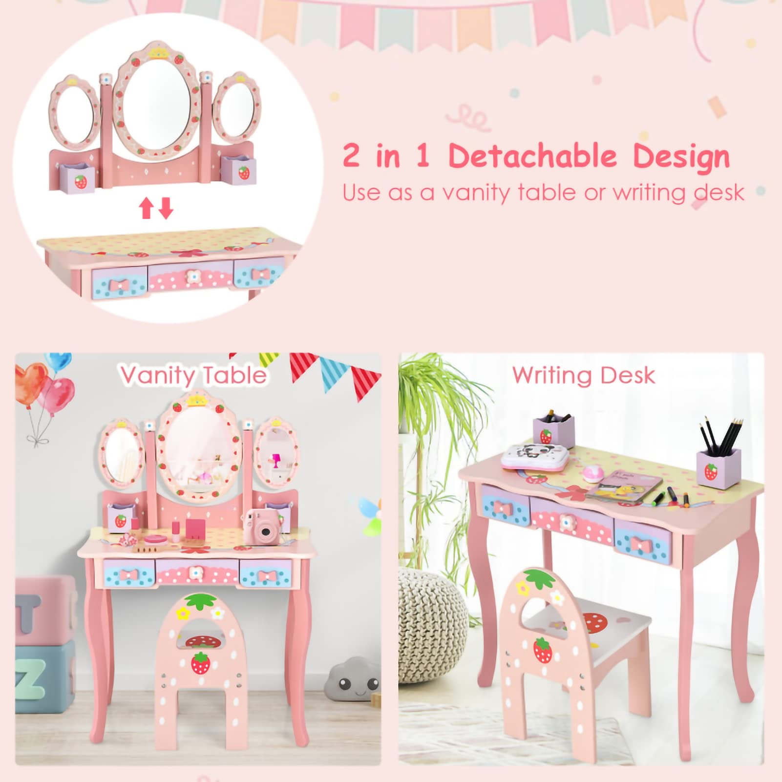 TUOCHUFUN Kids Vanity Princess Makeup Dressing Table Chair Set with Tri-fold Mirror (Pink)