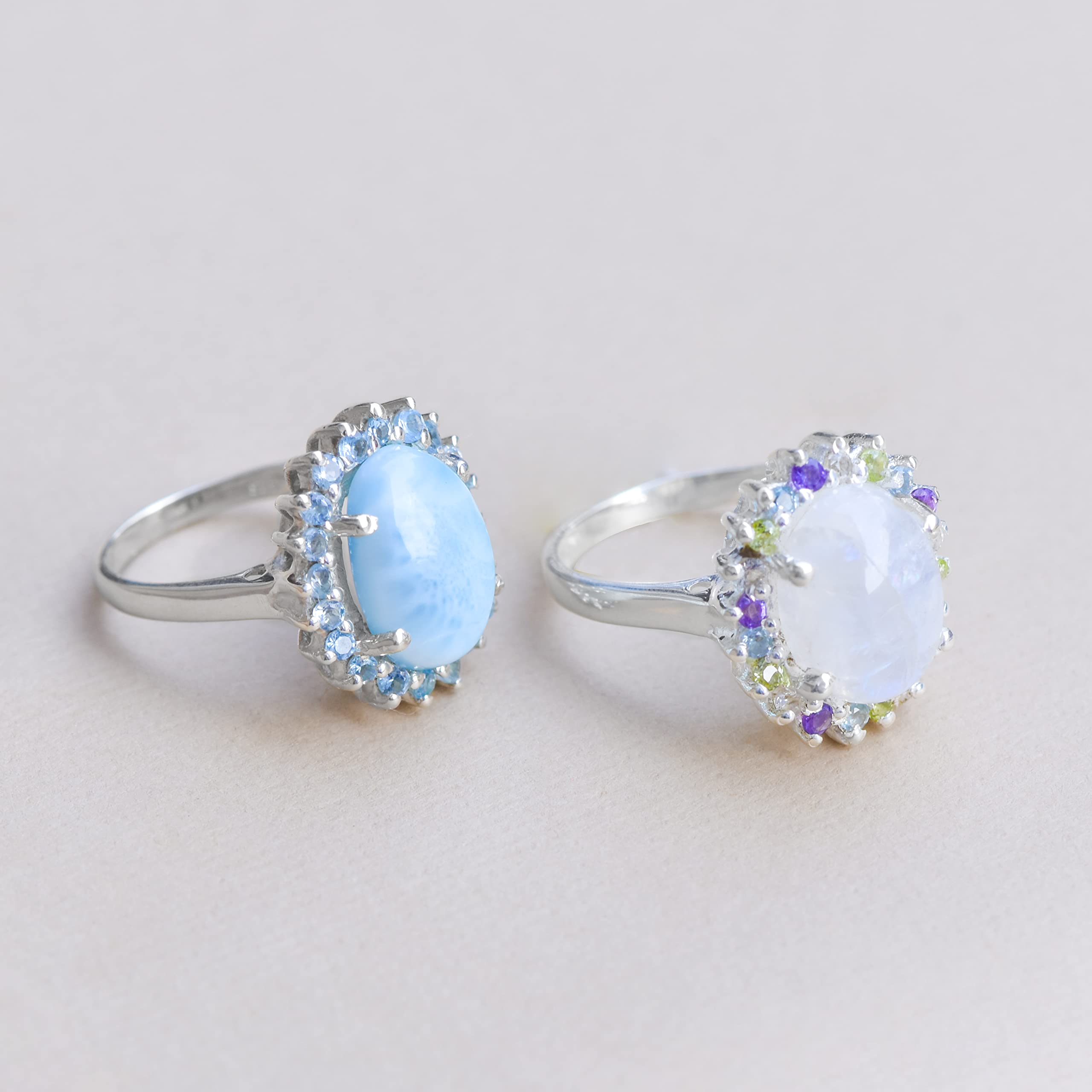 YoTreasure Moonstone Solid Sterling Silver Multi Gemstone Flower Cluster Ring