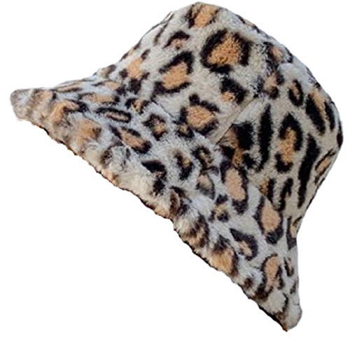 Women's Leopard Print Faux Fur Bucket Hat Fluffy Winter Warmer Plush Fisherman Cap