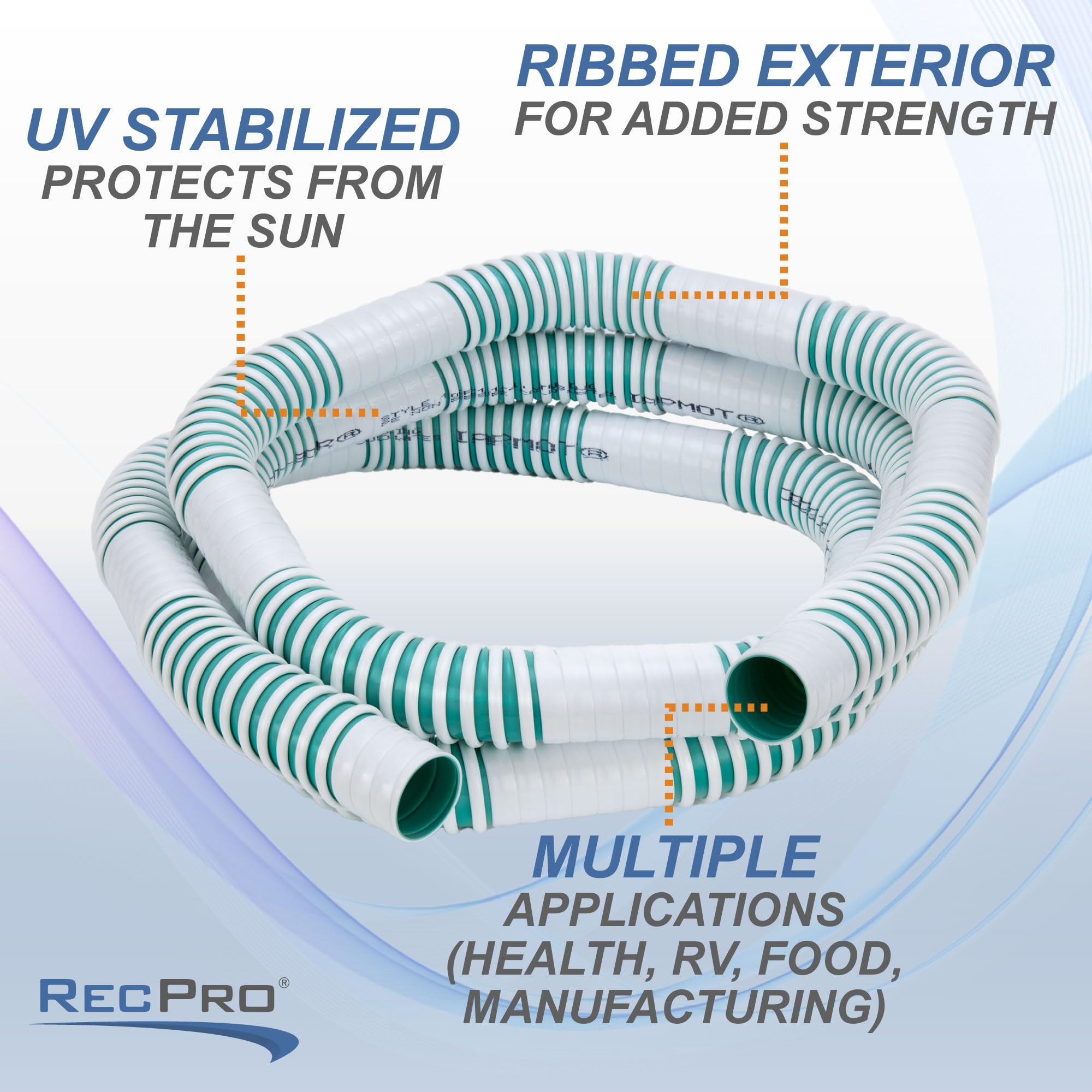 RecPro RV Fresh Water Fill Hose 1 1/4" | Freshwater Line | Fresh Water Hose | Ribbed with Flat Smooth Sections | Concession Water Tank Parts (10 Feet, With Hose Clamps)