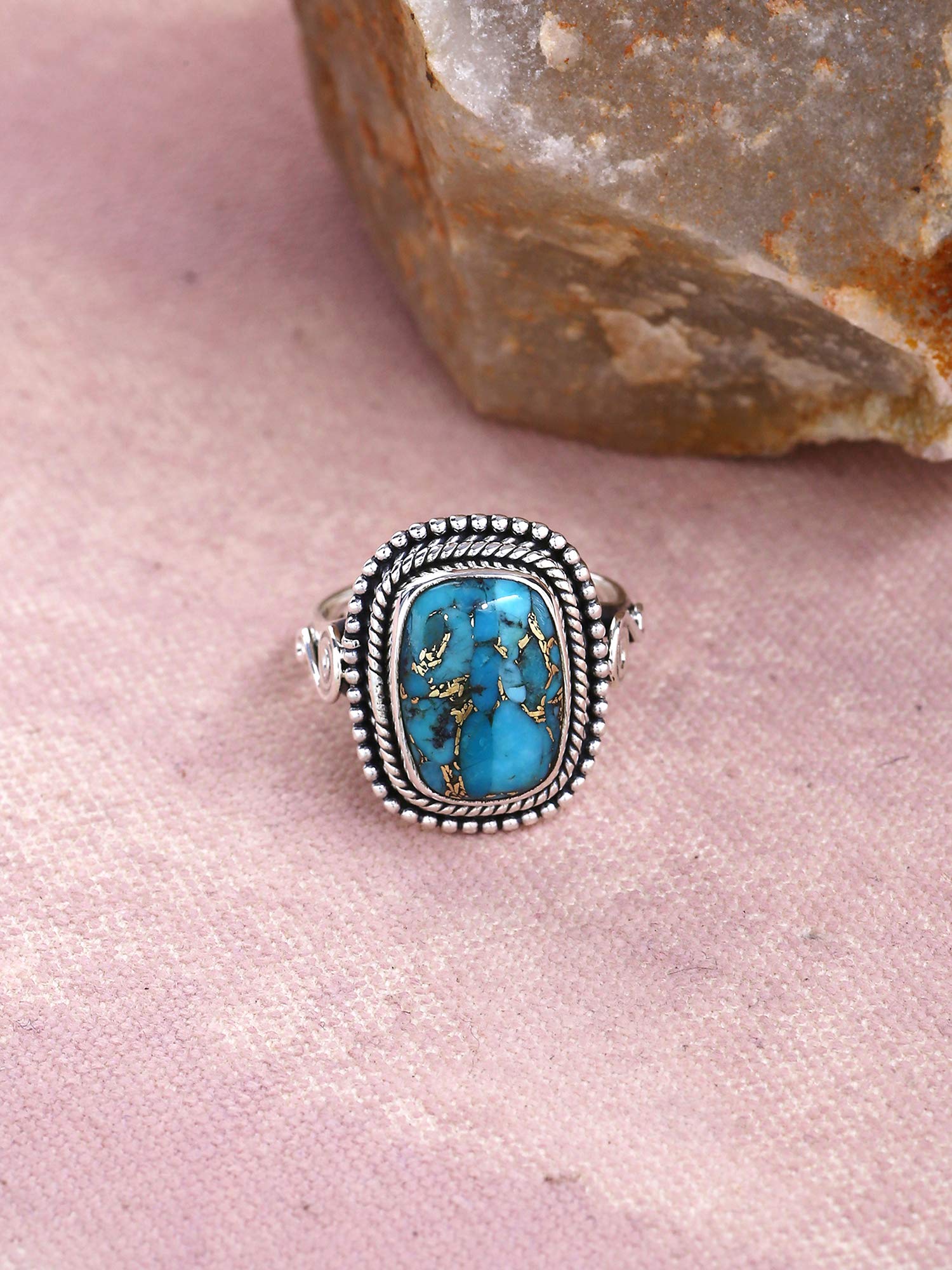 YoTreasure 10x14 MM Blue Copper Turquoise Ring 925 Sterling Silver Jewelry