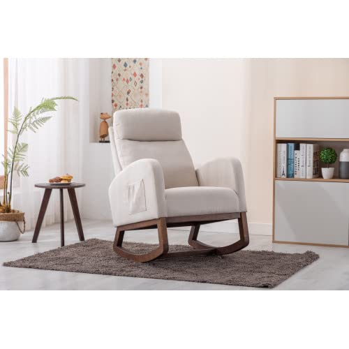 Zaboro Rocking Chair with Side Pocket, Rocker Glider Chair with Wood Base, Uplostered Armchair with High Backrest, Sofa Chair, Side Chair for Living Room Bedroom Office