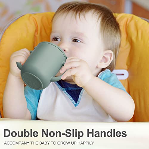 Yaomiao Silicone Sippy Cup Training Cup for Baby over 6 Months Spill Proof Soft Sprout and Handles Lid Baby Cup for 6-12 Months Babies Toddlers Infants, 6 Oz/ 180 ml(Blue, Light Gray)