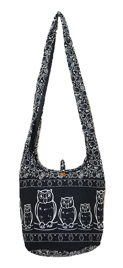 Thai Hippie Hobo Sling Crossbody Shoulder Bag Purse Handmade Zip Owl Bird Pattern Cotton Gypsy Boho Messenger Medium (M490 (Black))