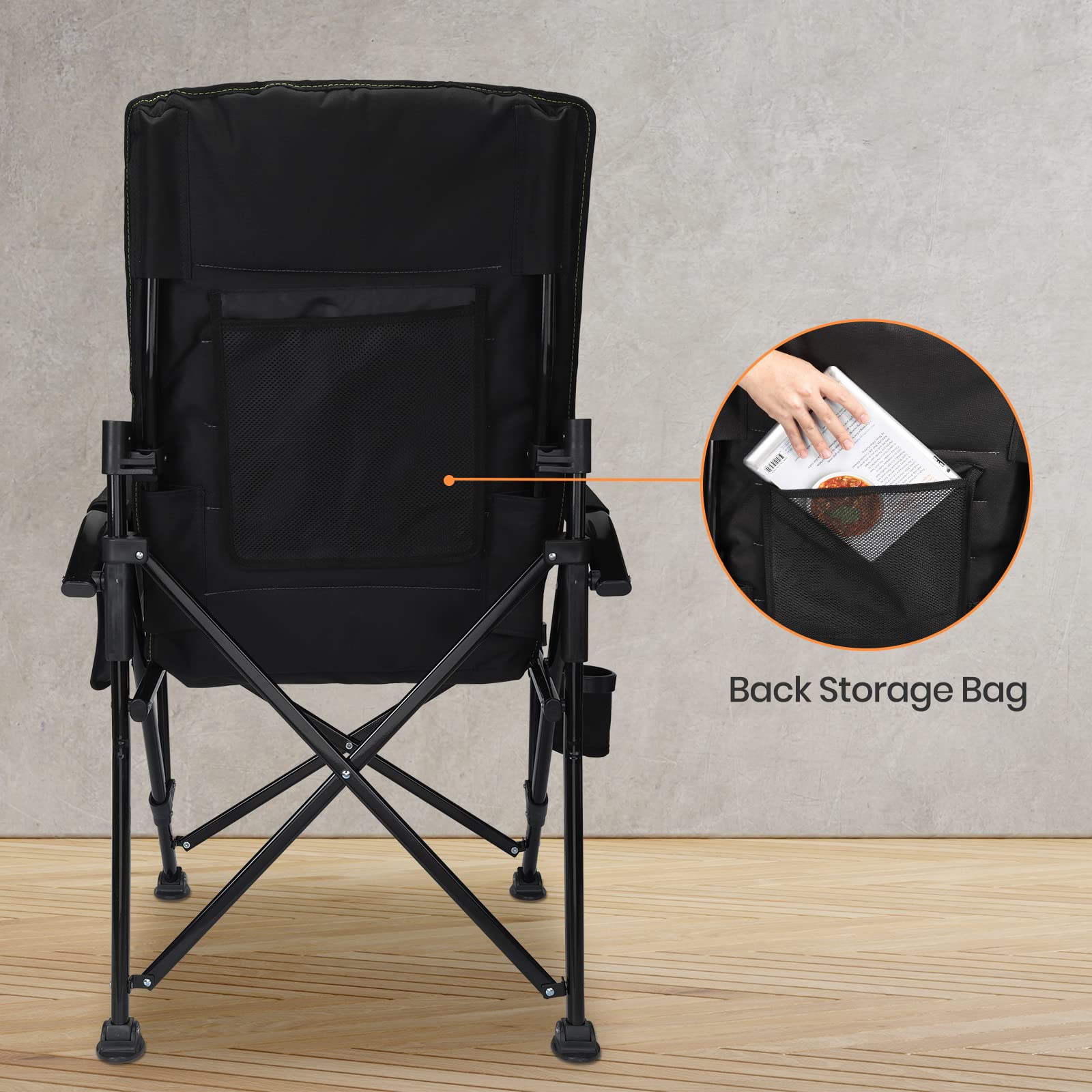 XGEAR Large Sized Hard Arm Adjustable Back Camping Chair Padding Chair (Black)