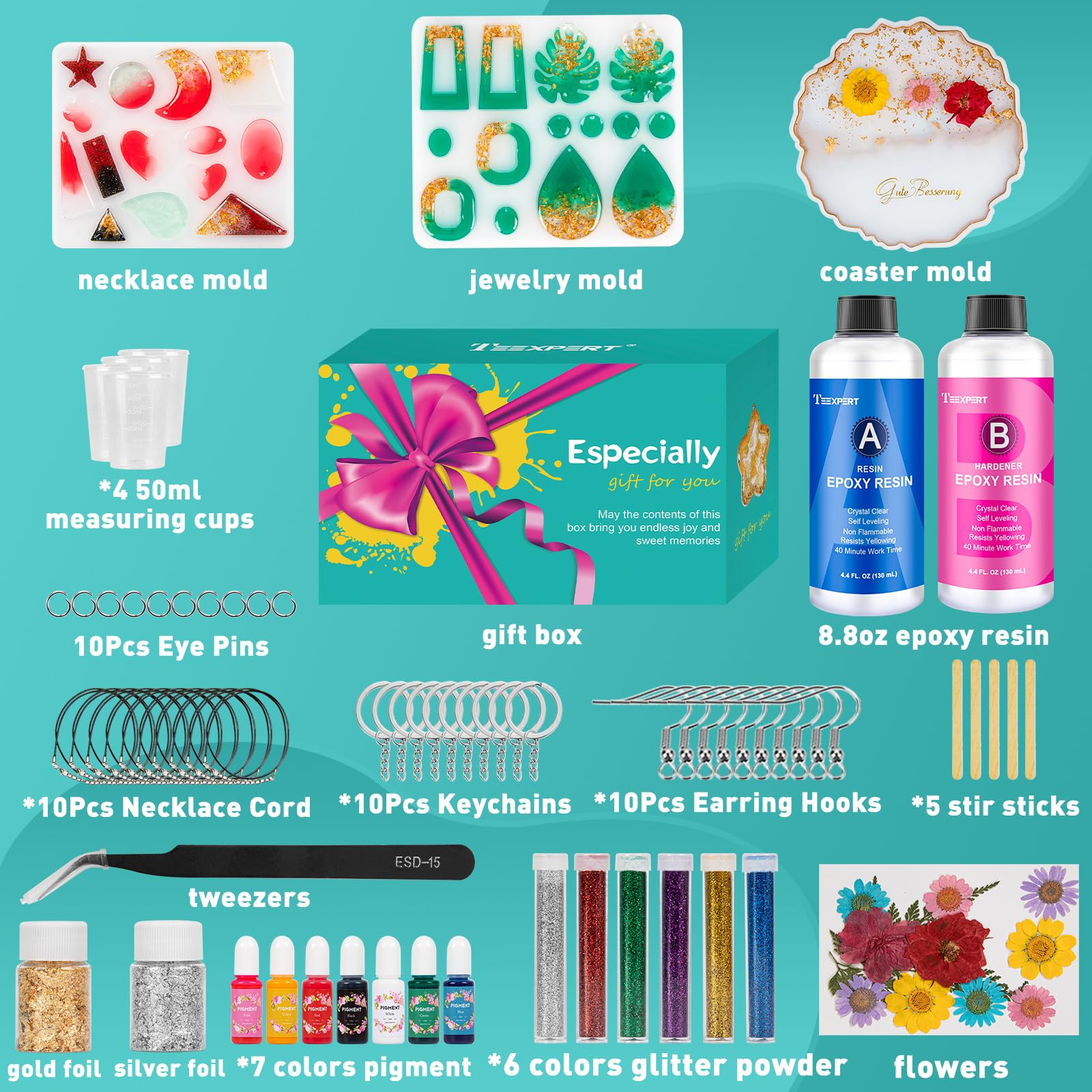 Teexpert Epoxy Resin Kit with Jewelry Keychain Coaster Earring Silicone Molds Resin Jewelry Making Kit Resin Kit with Molds Complete Set for Beginner Starter Adults for DIY Art Craft Casting