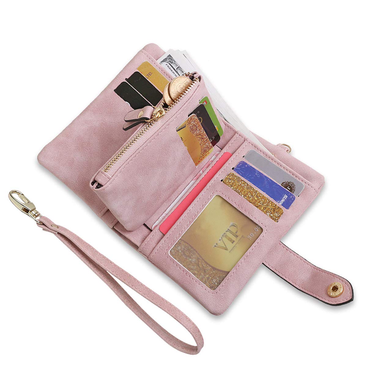 TOPKULL Bifold Small Rfid Soft Leather Ladies Trifold Wallets Billfolds Mini Wristlet Clutch Cute Zipper Coin Purse with Wrist Strap (Pink)