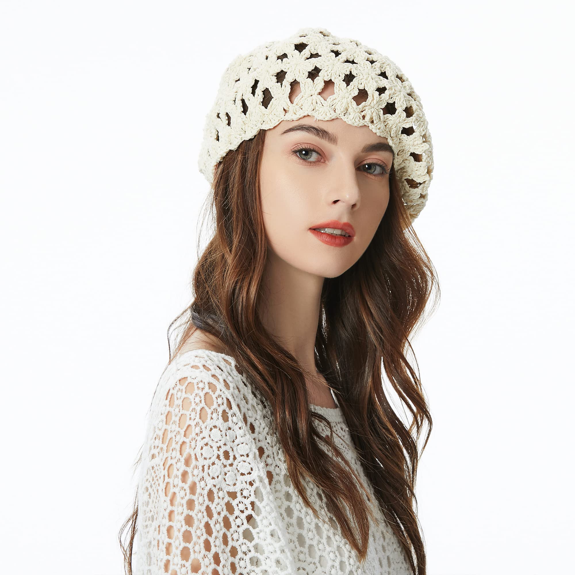 ZLYC Women Cotton Slouchy Crochet Beret Handmade Cutout Floral Beanie Hat (Beige)