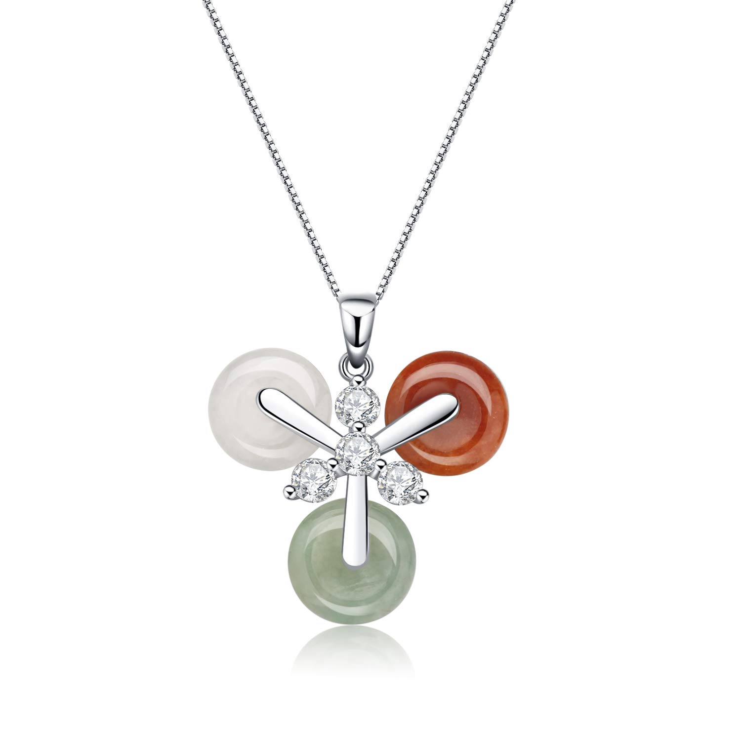 xiao nian jewelry Natural Fine Jade Pendant Set with Silver Support 18" Sterling Silver Necklace(Green,Orange,White, 1)