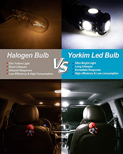 Yorkim 194 LED Bulbs White 6000k Super Bright 5th Generation, T10, 168 LED Bulb for Car Interior Dome Map Door Courtesy License Plate Lights W5W 2825, Pack of 10