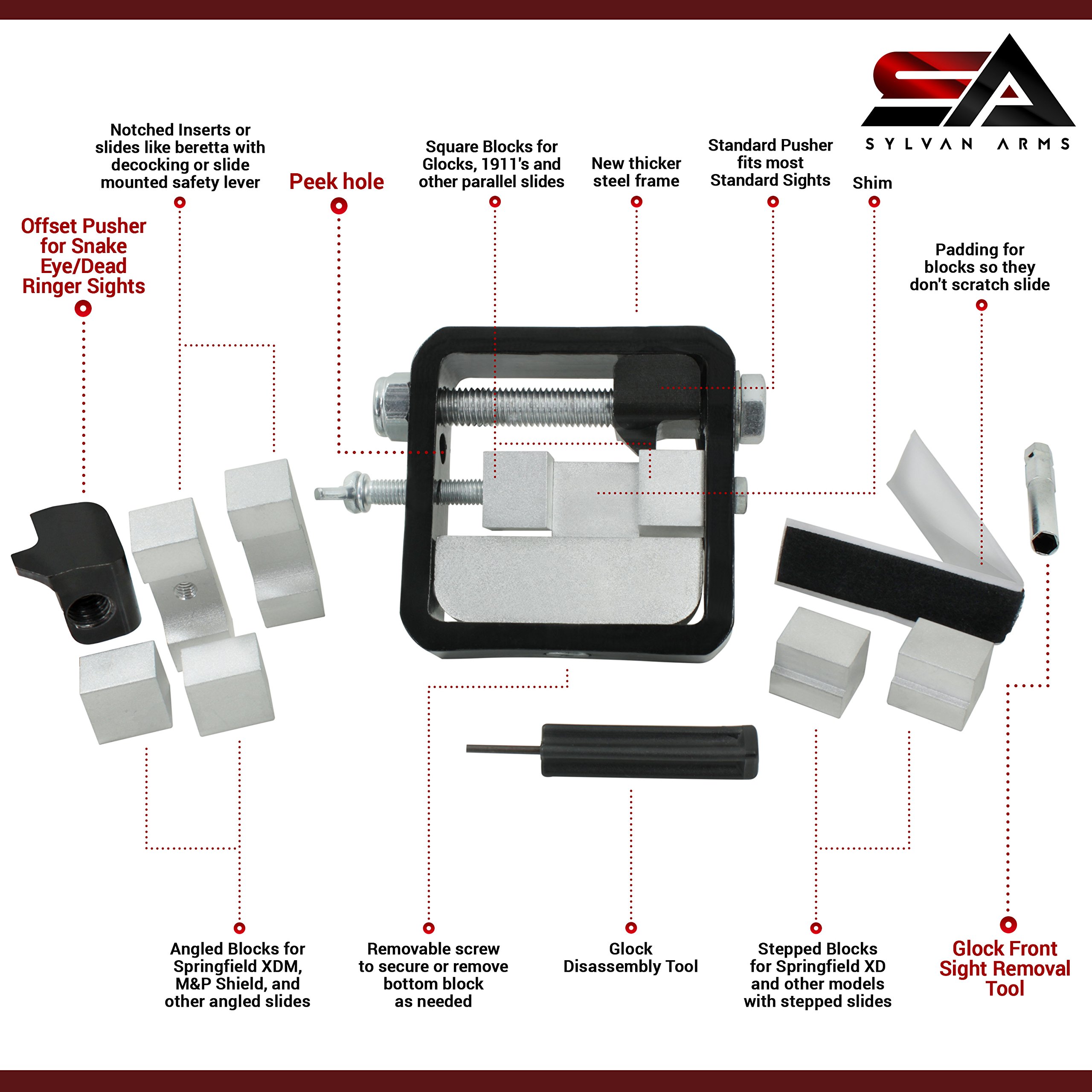 UNIVERSAL SIGHT PUSH TOOL PURSHER for HANDGUNS PISTOLS FRONT OR REAR 1911, GLOCK, ETC... (ALL BLOCKS INCLUDED)