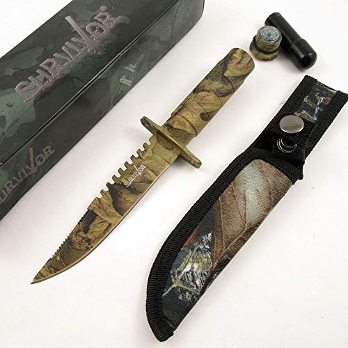 Survivor HK-690CA Fixed Blade Survival Knife, Camo Double Reverse Serrated Blade, Camo Metal Handle, 8-1/2-Inch Overall