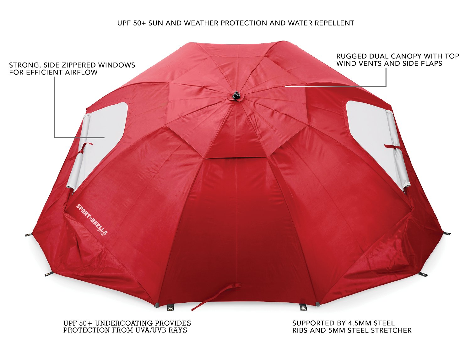 Sport-Brella Vented SPF 50+ Sun and Rain Canopy Umbrella for Beach and Sports Events (8-Foot, Red)