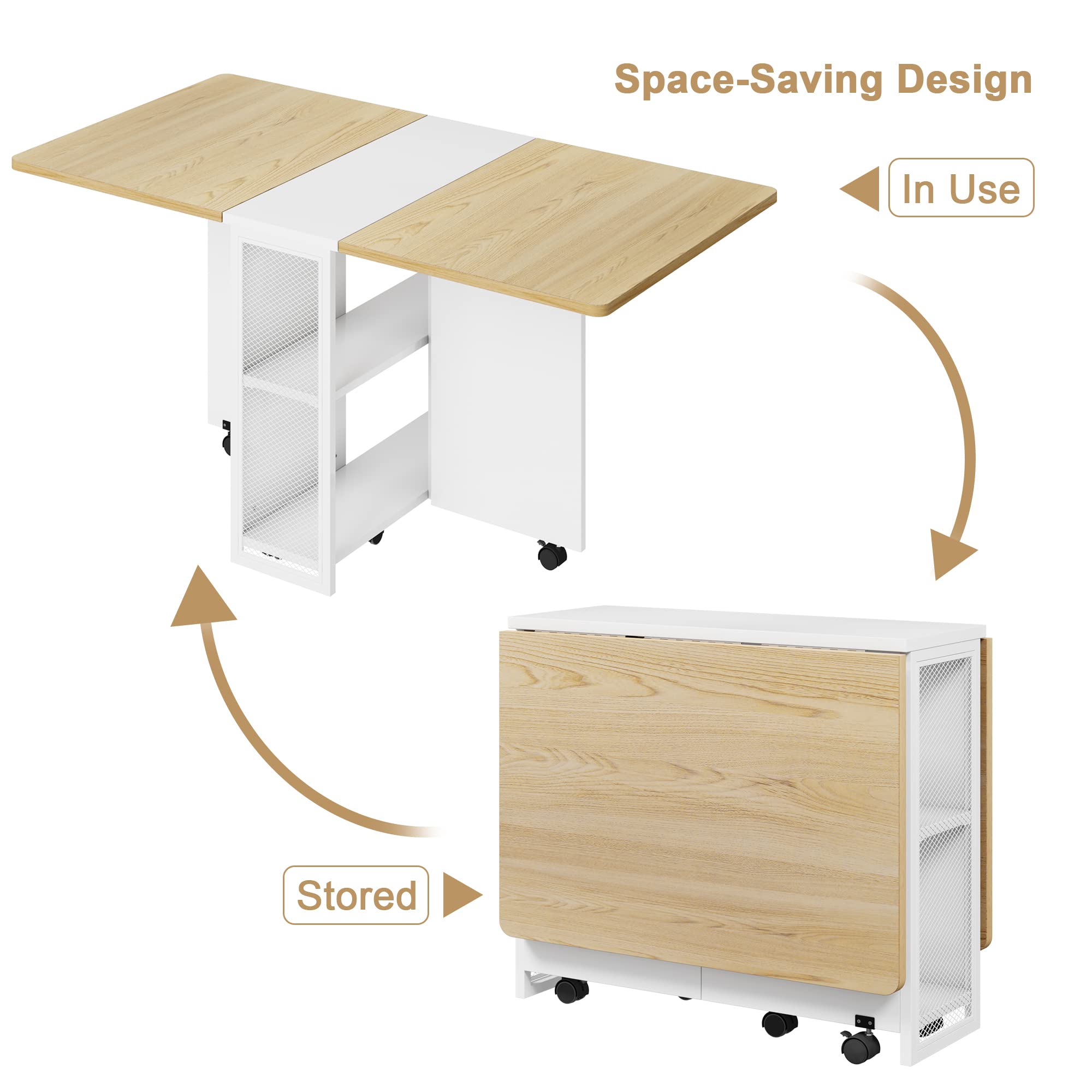 Space Saving Folding Dining Table with 2 Tier Storage-Extendable Drop Leaf Farmhouse Wood Kitchen Dining Room Tables Set for 4, Collapsible Expandable Rectangle Dinner Kitchen Office Furniture