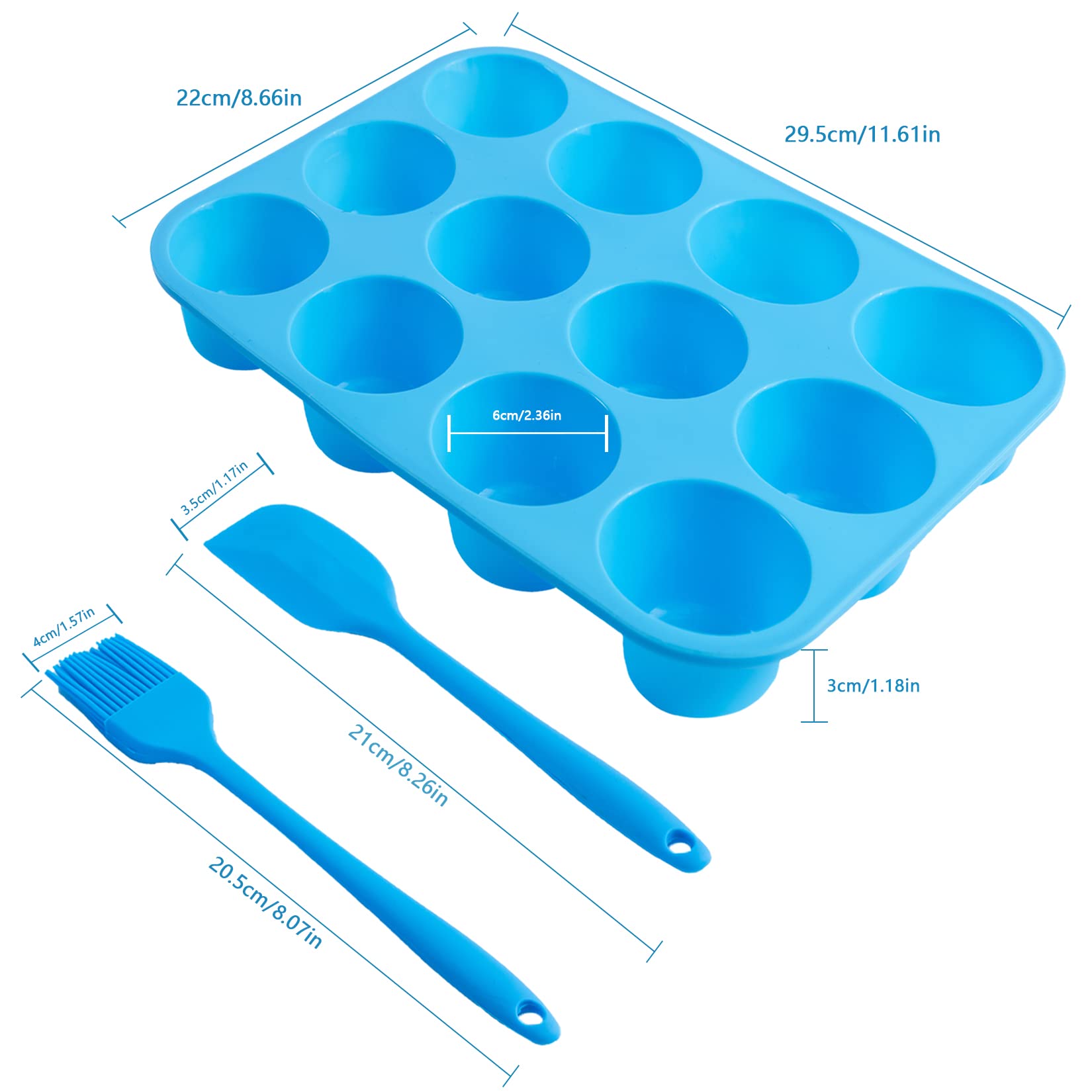 Silicone Muffin Pan, Set of 2 Non-Stick Cupcake Pans 12-Cup & Mini Muffin Pan 24-Cup, with Bonus Silicone Brush and Spatula(Blue)