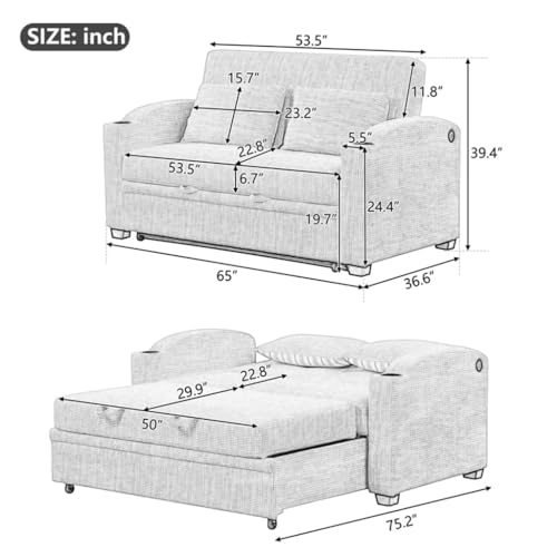 UXZDX 65" Pull Out Sofa Bed Chenille Convertible Loveseat Sofa with Adjsutable Backrest, Cup Holders, USB Portss
