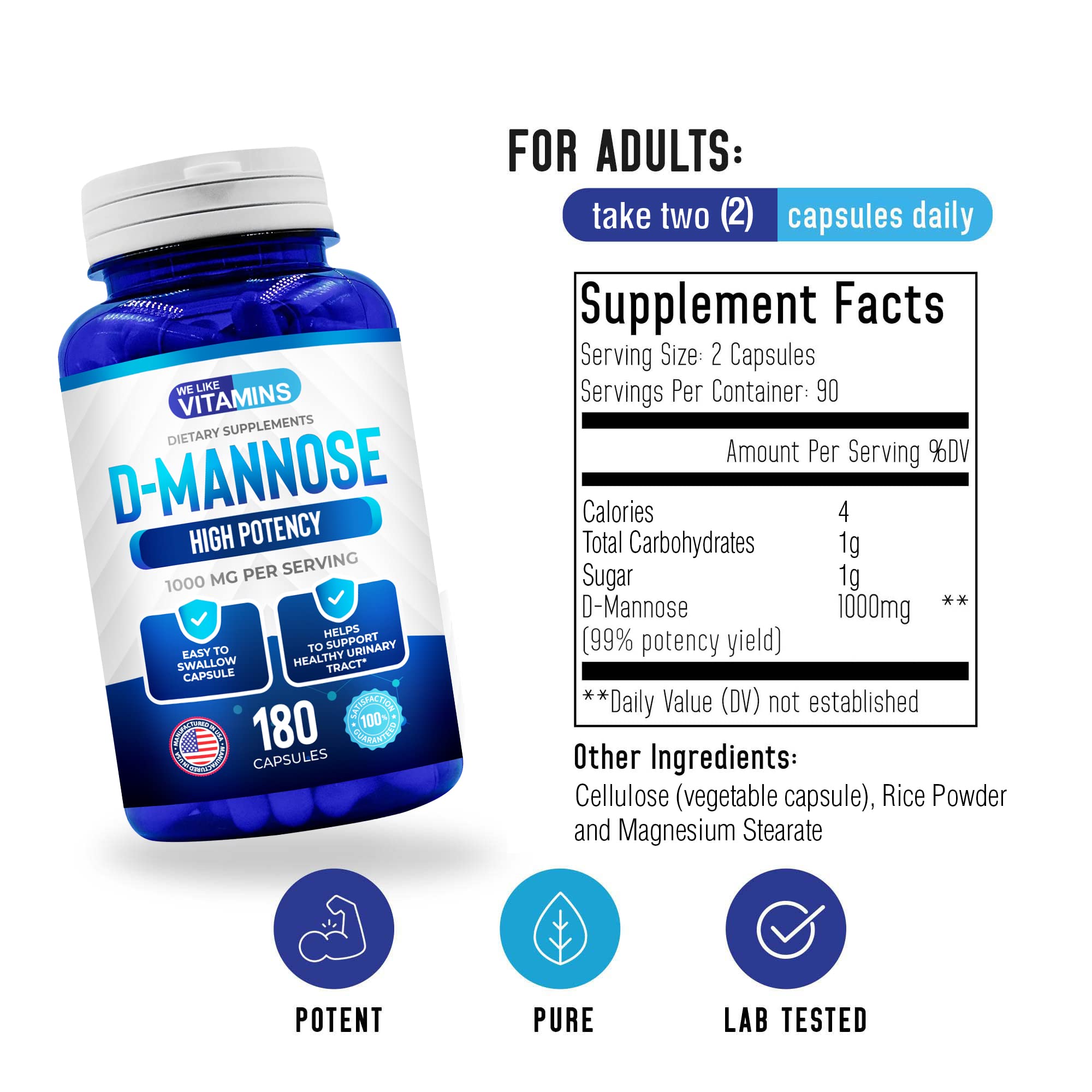 We Like Vitamins D-Mannose Capsules 1000mg per Serving - 180 Easy to Swallow Veggie Capsules - Cranberry D Mannose Supplement Helps Support Bladder and Urinary Tract Health