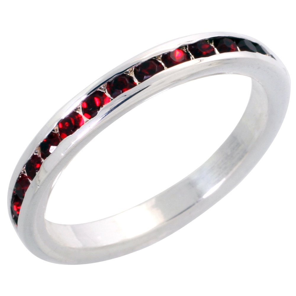 Sterling Silver Stackable Eternity Band, July Birthstone, Ruby Crystals, 1/8" (3 mm) wide, size 10