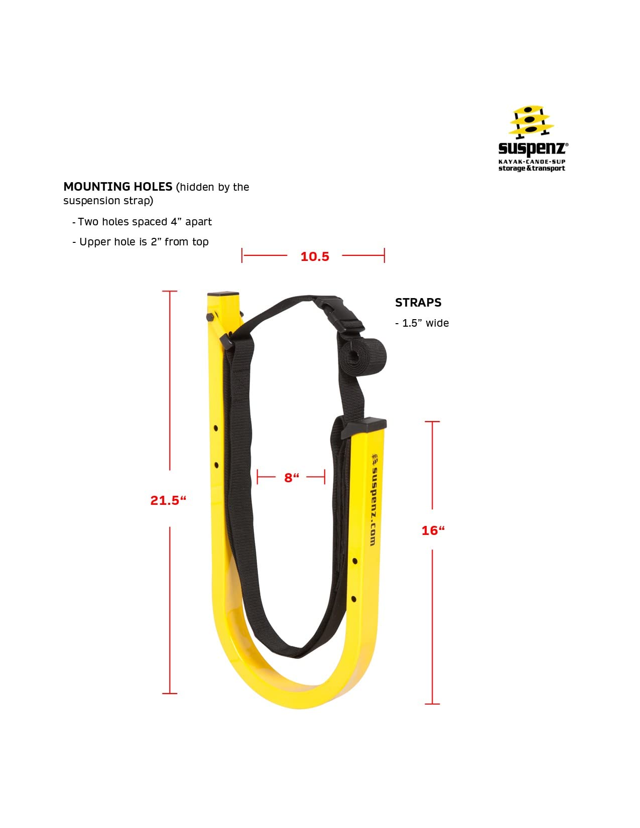 Suspenz SUP Wall Storage Rack, Stand Up Paddle Board and Surfboard Holder/Hook with Safety Straps, Yellow, (11-0701)