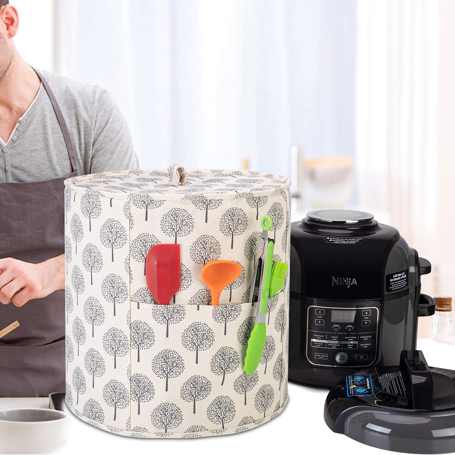 Yarwo Pressure Cooker Cover Compatible with 6.5 qt and 8 qt Ninja Foodi, Small Appliance Dust Cover with Top Handle and Pocket for Attachments, Tree