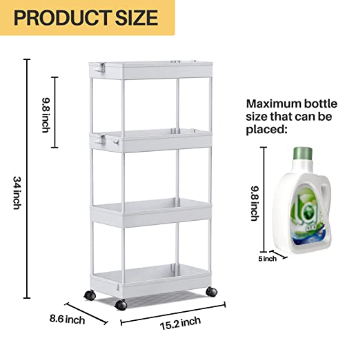 SPACEKEEPER Storage Cart, 4-Tier Mobile Shelving Unit, Bathroom Rolling Cart Utility Storage Organizer Shelf for Kitchen Living Room Bathroom Laundry Room & Dressers, Gray