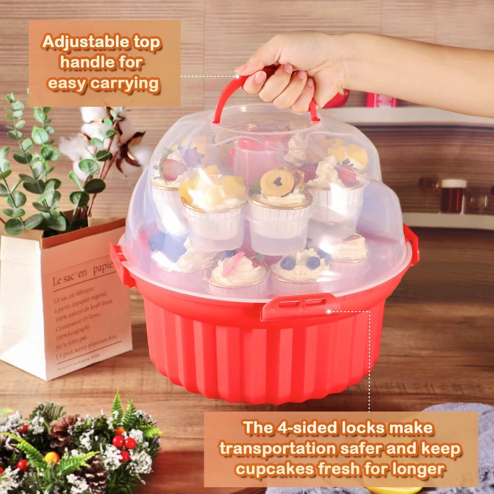 Wehome 3-Tier Cupcake Carrier,Cupcake Holder with Lid and Handle for 24 Cupcakes,Portable Cupcake Holder Cookie Carrier,Cupcake Transport&Storage Container,Christmas Baking Gifts for Bakers