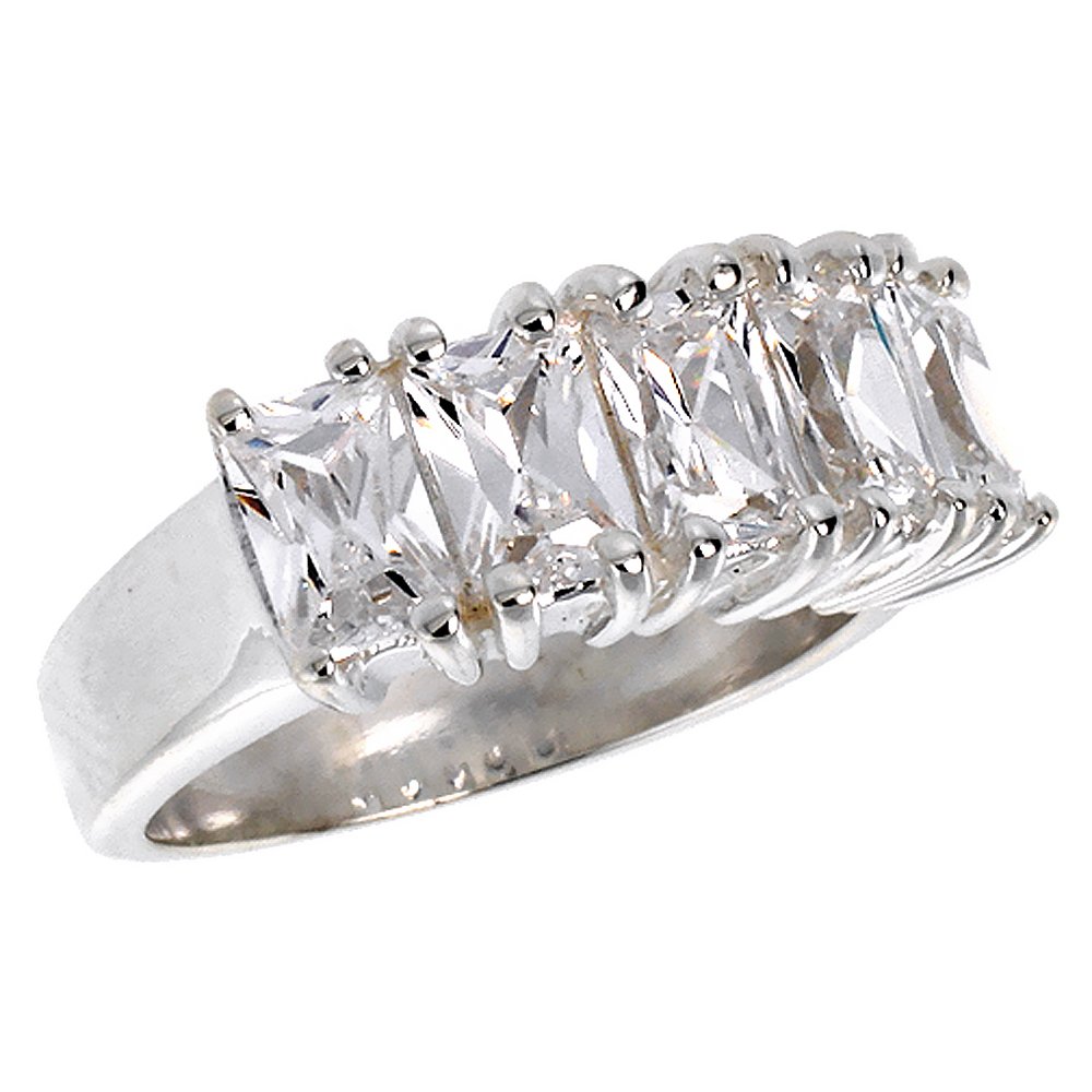 Sterling Silver Cubic Zirconia Wedding Band Emerald Cut 5/16 inch, Size 9