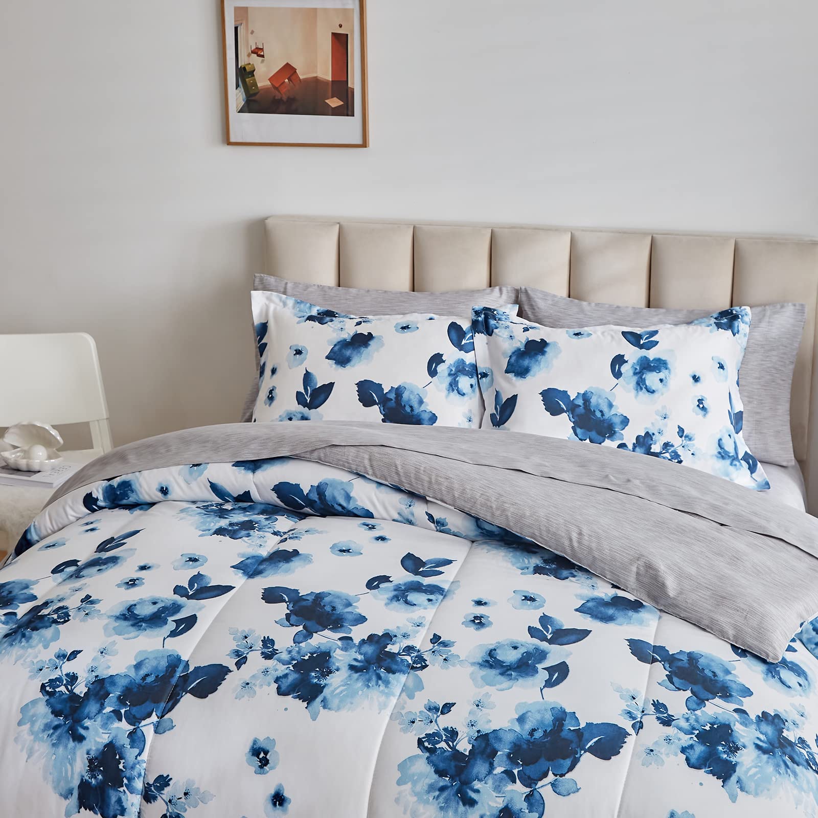 UOZZI BEDDING Floral Comforter Sheet Set 7 Pieces Bed in a Bag Dark Grey Golden Flower Queen Size (1 Comforter 2 Pillow Shams 1 Flat Sheet 1 Fitted Sheet 2 Pillowcases)