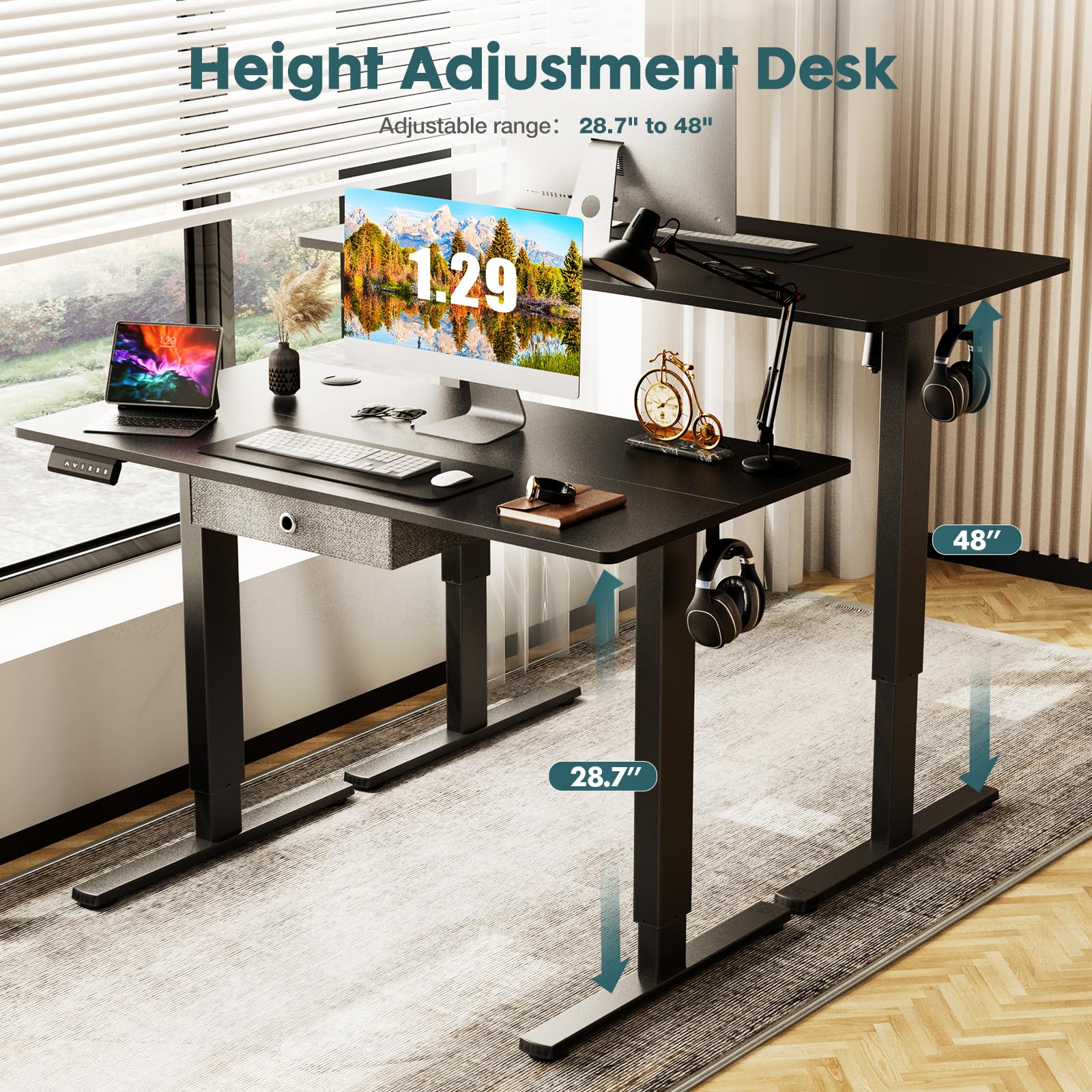Sweetcrispy Electric Standing Desk with Drawer, 63 x 24in Adjustable Height Electric Stand Up Desk Standing Computer Desk Home Office Desk Ergonomic Workstation with 3 Memory Controller, Black