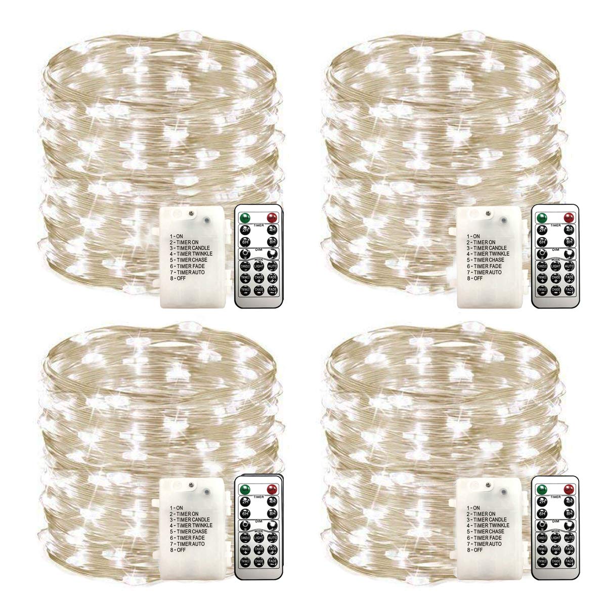 WSgift 4 Pack 33Ft 100 Cool White Led Fairy Lights Battery Operated with Remote Control Timer Waterproof Silver Copper Wire Twinkle Lights