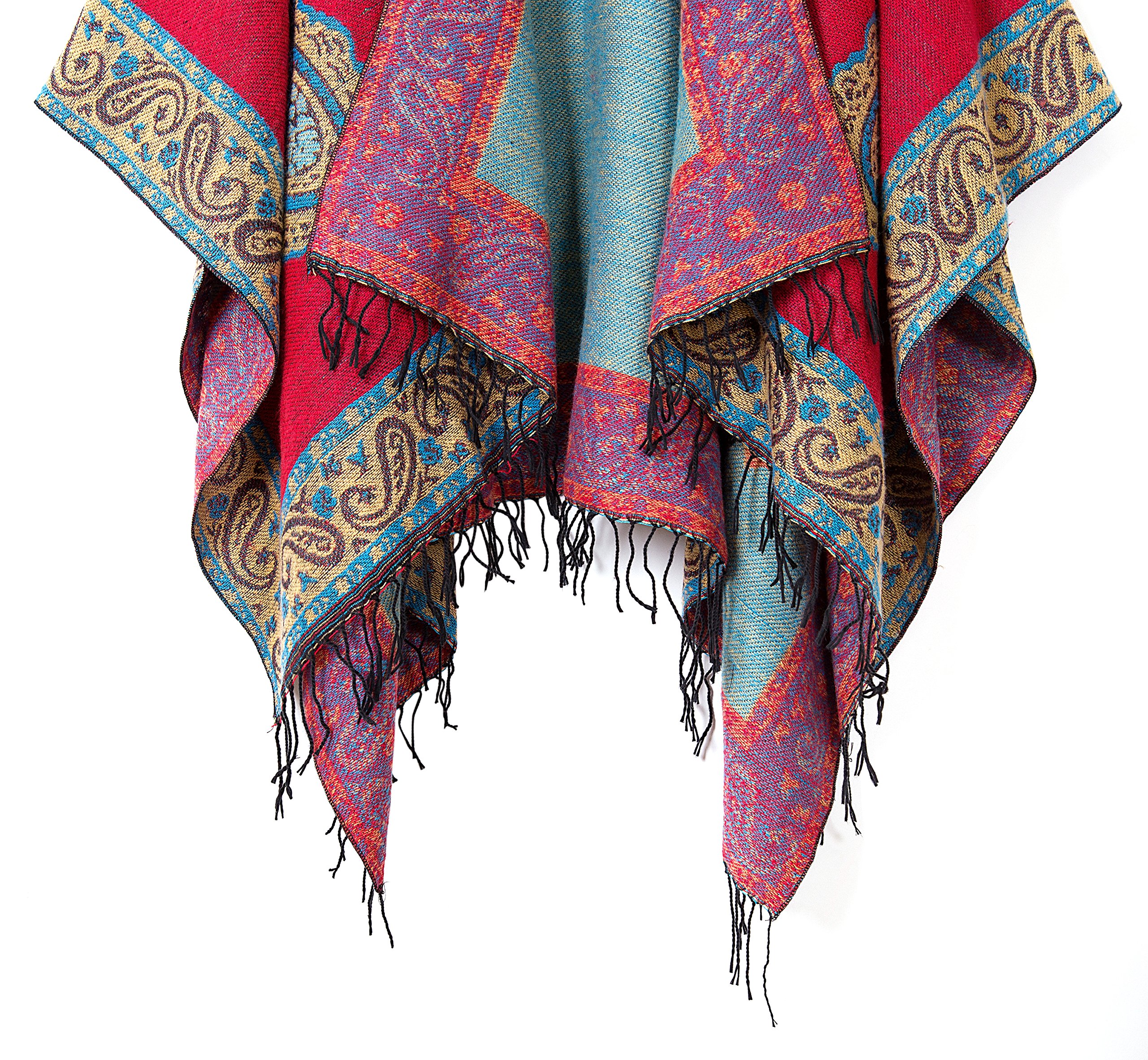 Urban CoCo Women's Printed Tassel Open front Poncho Cape Cardigan Wrap Shawl (Red)