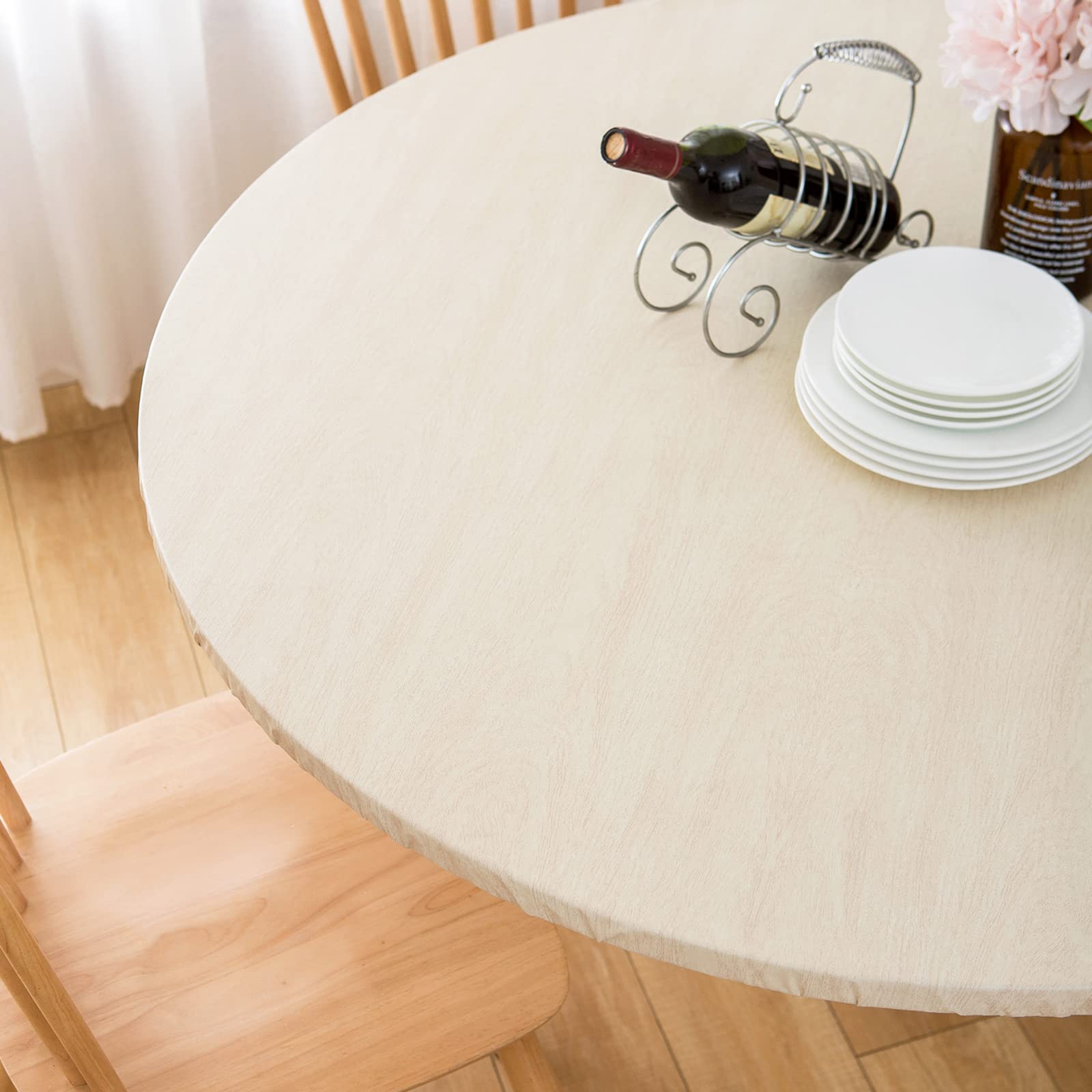 Uranusax Round Vinyl Fitted Tablecloth with Flannel Backing & Elastic Edged - Wipeable & Durable Table Cloth Plastic Table Cover