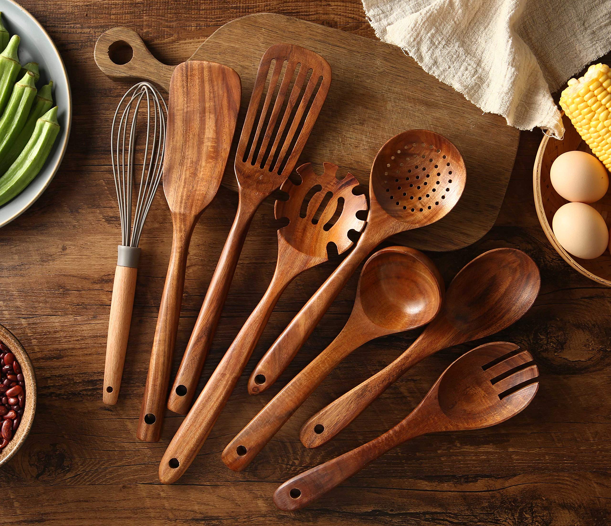 Wooden Kitchen Utensils set,NAYAHOSE Wooden Spoons for cooking Natural Teak Wood Kitchen Spatula Set for Cooking including Spoon Ladle Fork 7 Pack