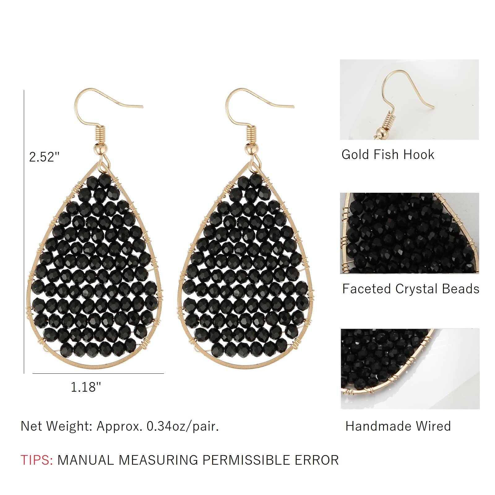 Winssigma Turquoise Teardrop Earrings, Boho Colorful Beads Gold Hoop Earrings for Women Bohemian Jewelry(Teardrop Black Crystal)