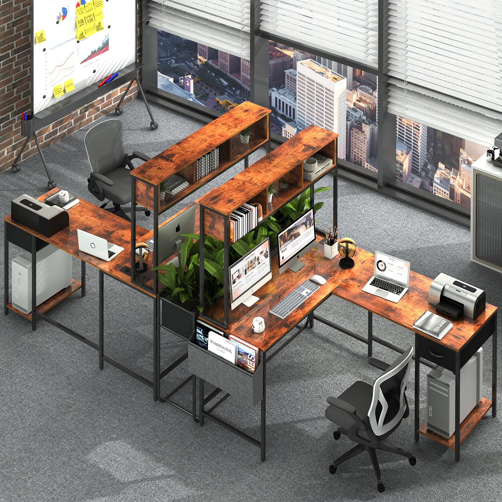 Yoobure L Shaped Desk with LED Strip & Power Outlet, Reversible L-Shaped Computer Desk, Corner Desks Home Office Desk with Drawer, Gaming Desk