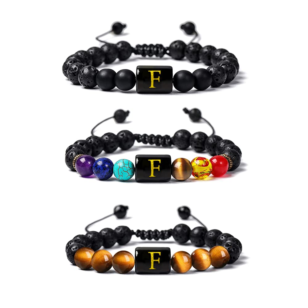 XIMEO Initial Beaded Bracelets for Men Women Lava Rock Healing Stone Letter Bracelets Chakra Tiger Eye Stone Braided Rope Bracelet Meaningful Gift Adjustable