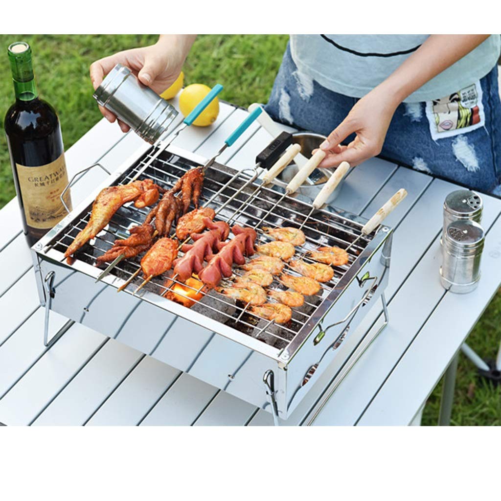QIAOLI Charcoal Grill Barbecue Portable BBQ - Stainless Steel Folding Grill Tabletop Mini Outdoor Smoker BBQ for Garden Backyard Camping (Color : Silver)